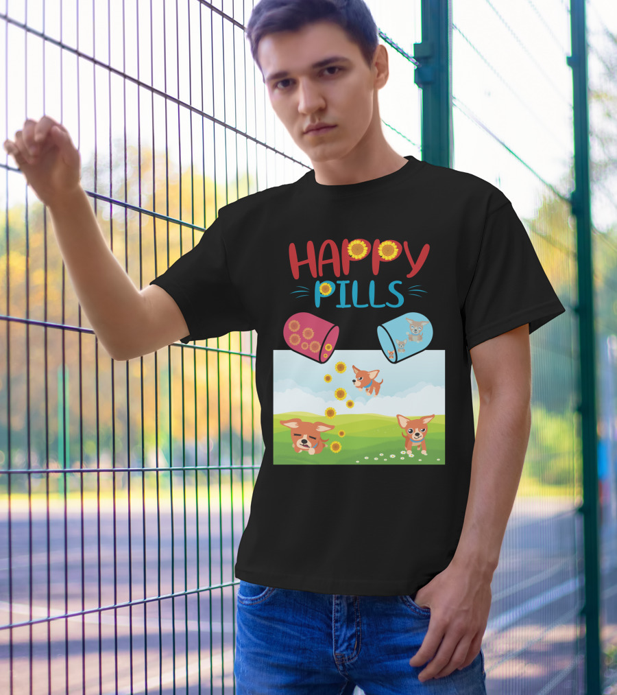 Happy Pills Chihuahuas Playing With Sunflowers T-Shirt