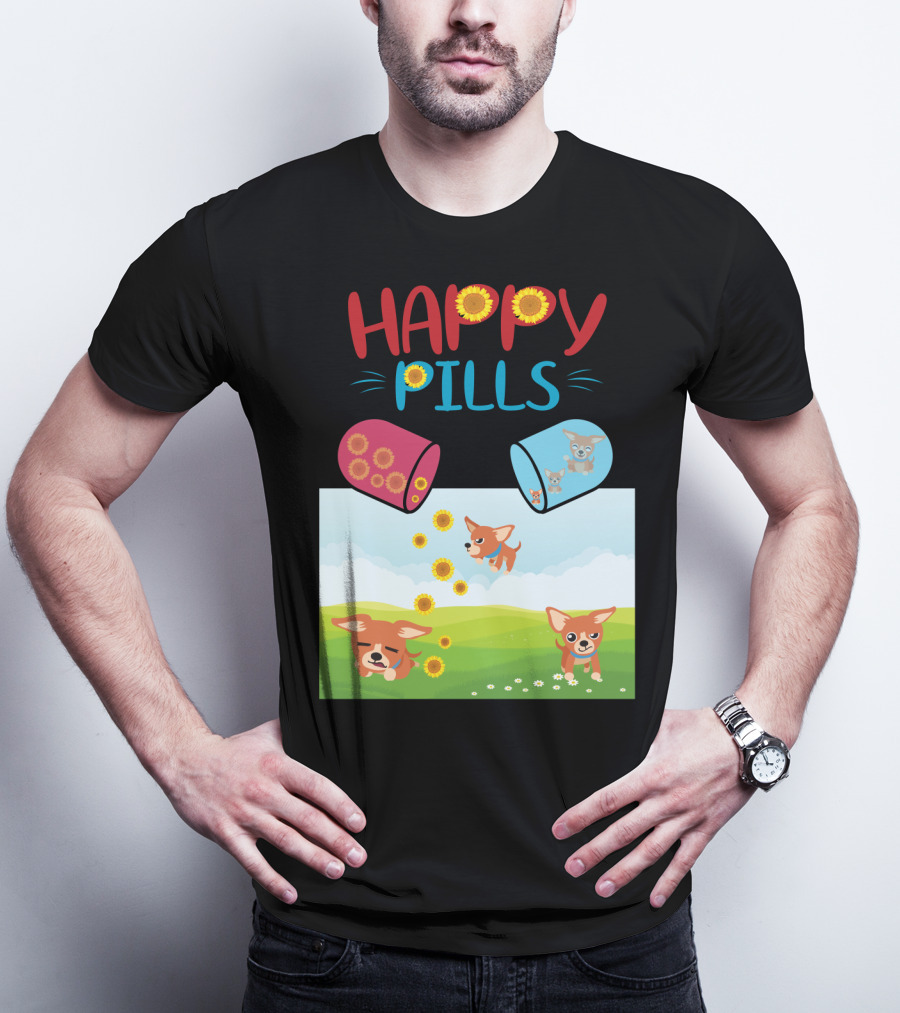 Happy Pills Chihuahuas Playing With Sunflowers T-Shirt