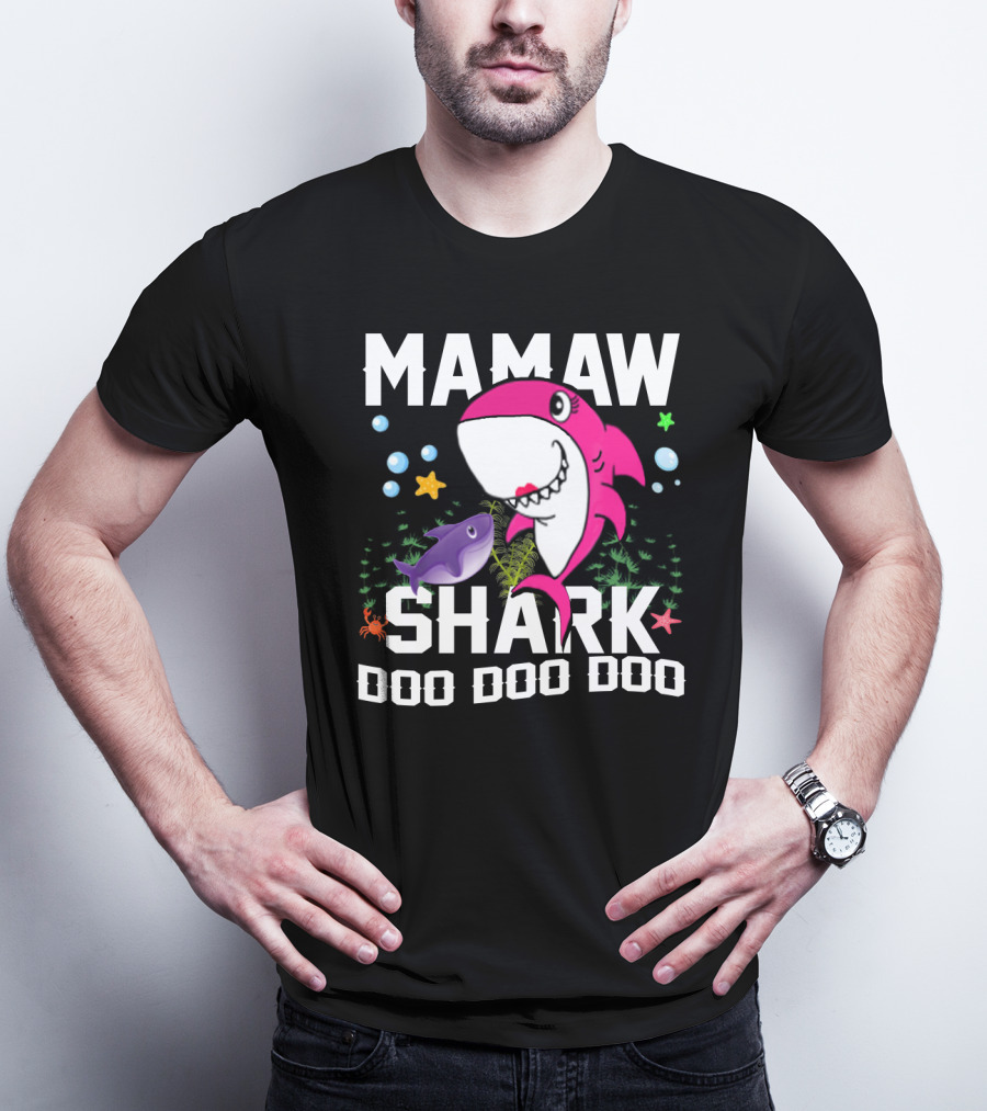 Mamaw Shark Doo Doo Doo Pink Cartoon With Fish And Bubbles T-Shirt