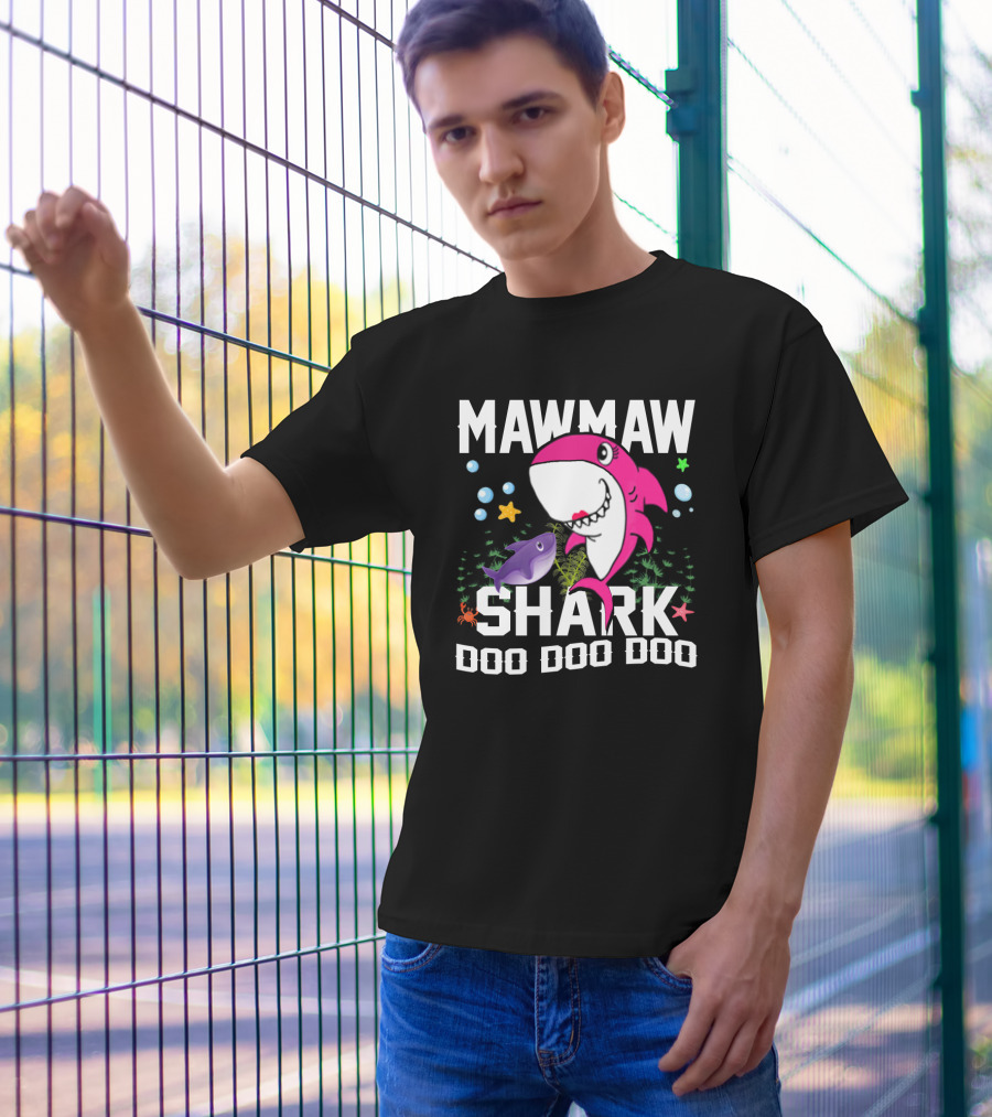 Mawmaw Shark Doo Doo Doo Pink Cartoon Fish And Stars T-Shirt