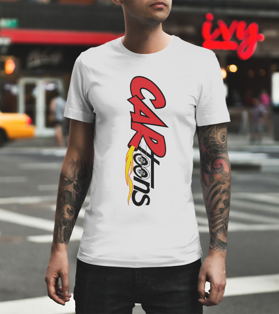 CARTOONS Red And Black Text With Flames And Wheel T-Shirt