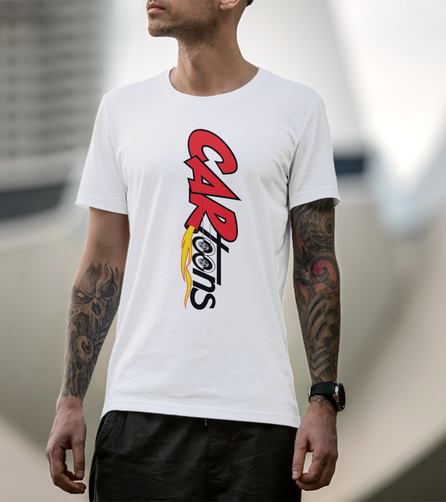 CARTOONS Red And Black Text With Flames And Wheel T-Shirt