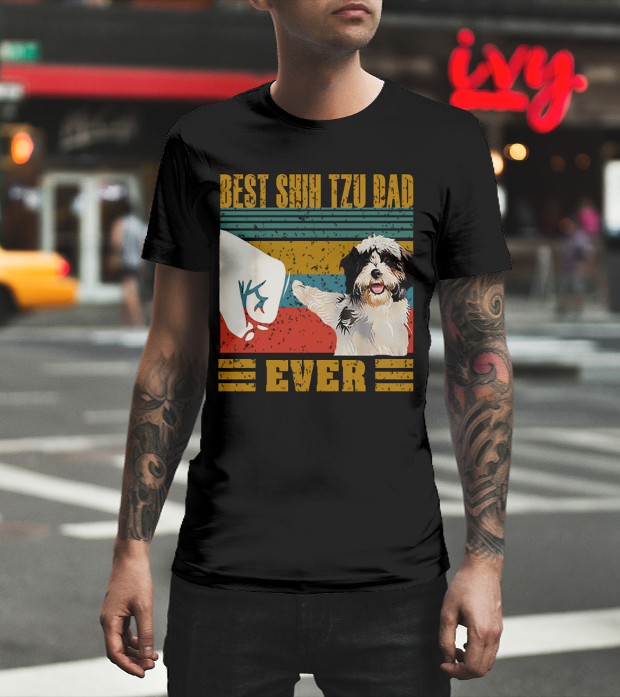 Best Shih Tzu Dad Ever Vintage Style Dog Paw Prints T-Shirt