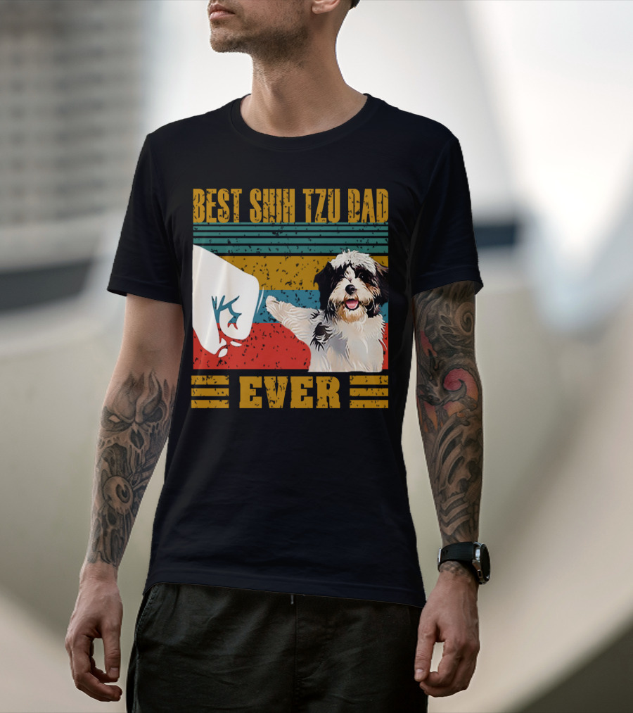 Best Shih Tzu Dad Ever Vintage Style Dog Paw Prints T-Shirt