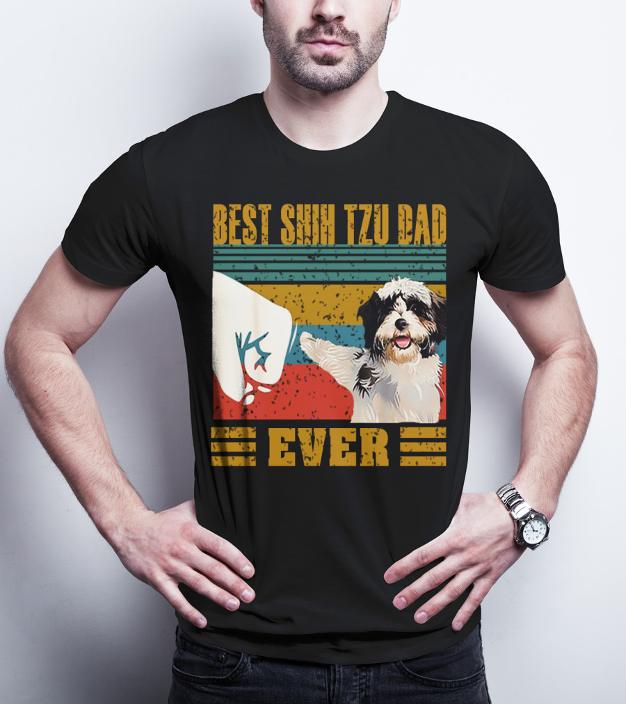 Best Shih Tzu Dad Ever Vintage Style Dog Paw Prints T-Shirt