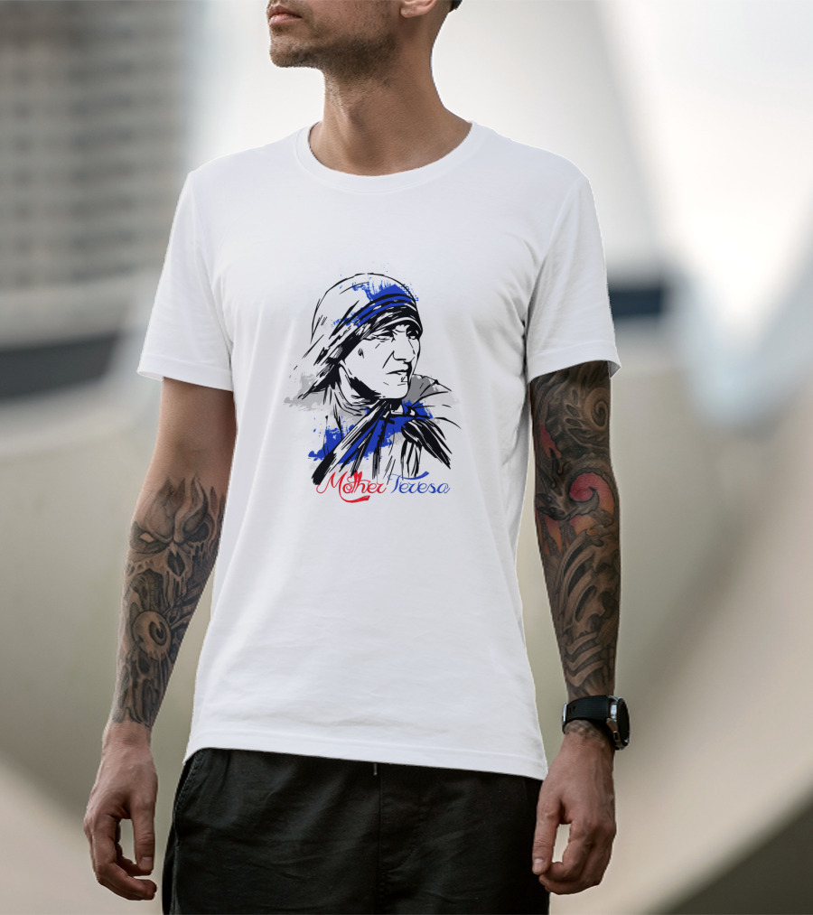 Mother Teresa Hand-Drawn Blue And Red Stylized T-Shirt
