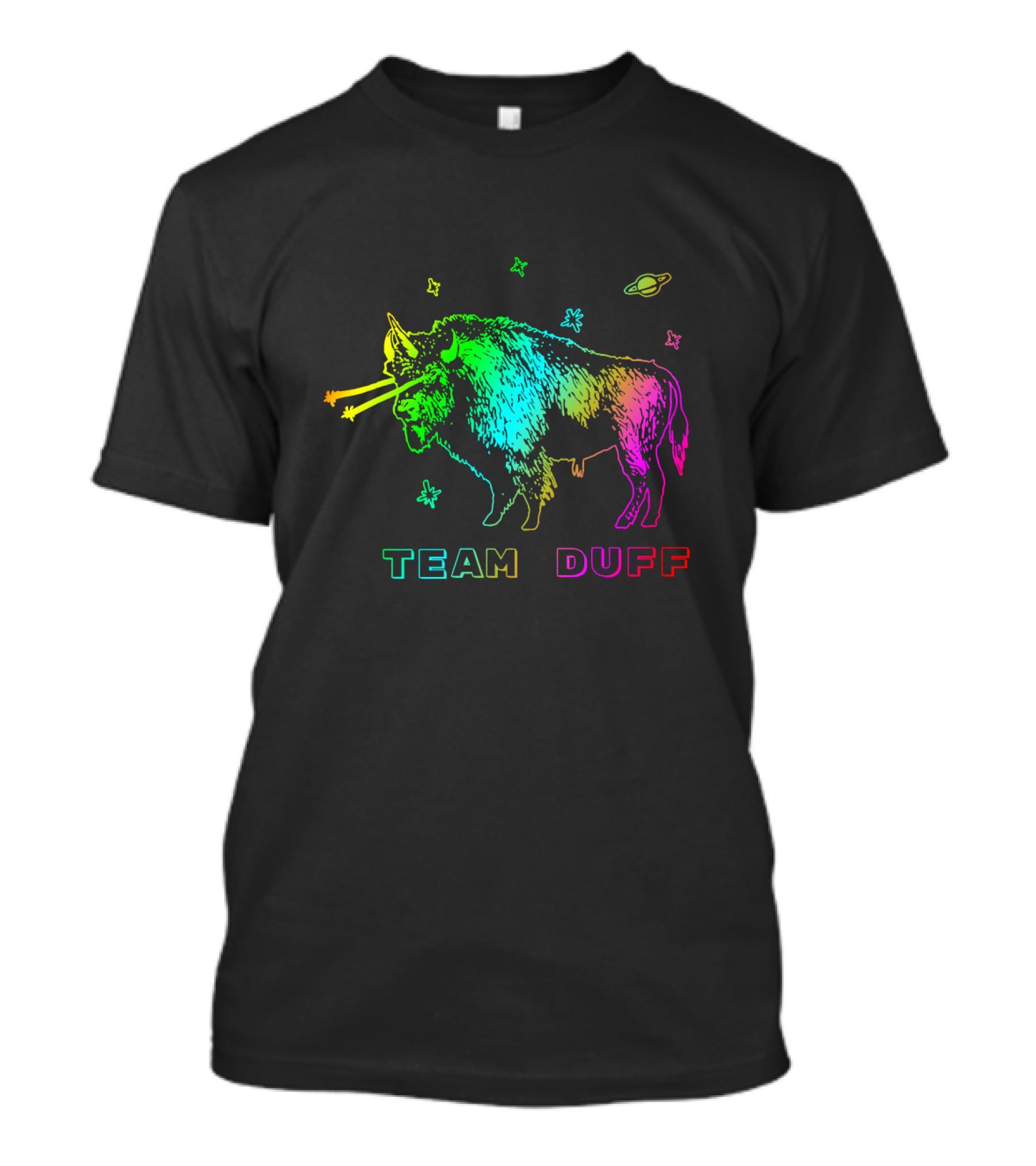 Team Duff Space Bison With Rainbow Laser Eyes And Stars T-Shirt