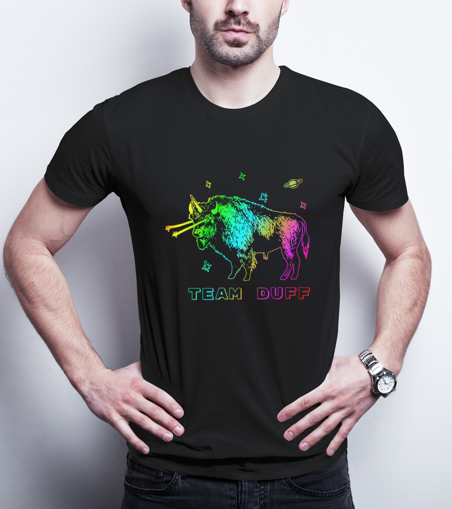 Team Duff Space Bison With Rainbow Laser Eyes And Stars T-Shirt