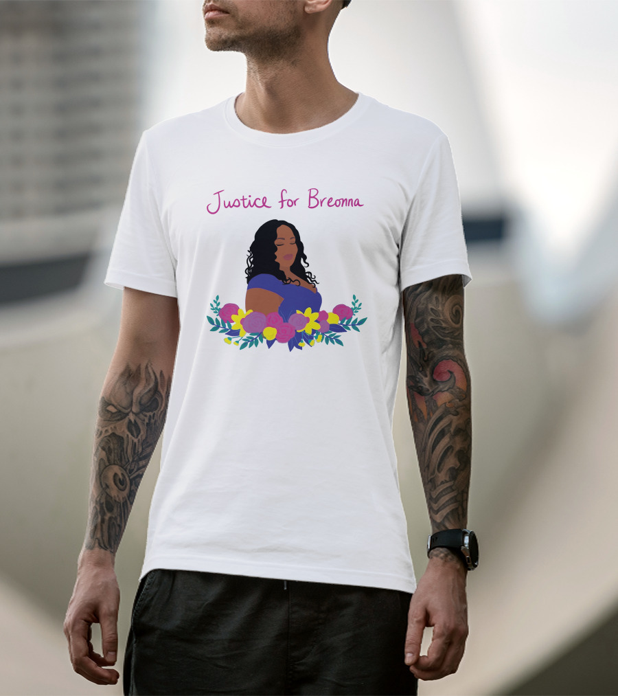 Justice For Breonna Floral Illustration With Woman In Blue Dress T-Shirt