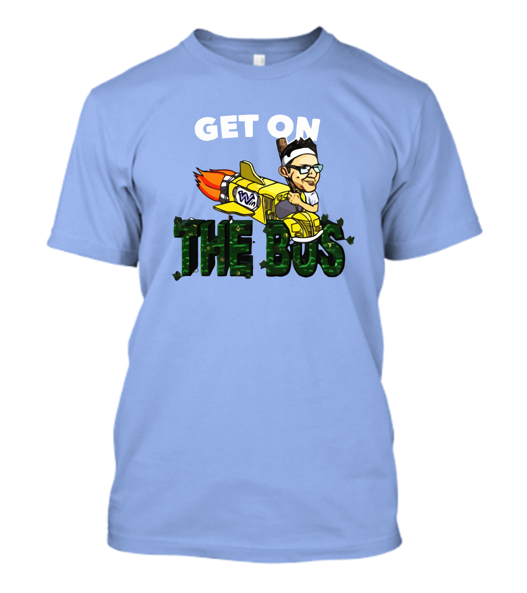 GET ON THE BUS Rocket Cartoon Character With Headband And Glasses T-Shirt