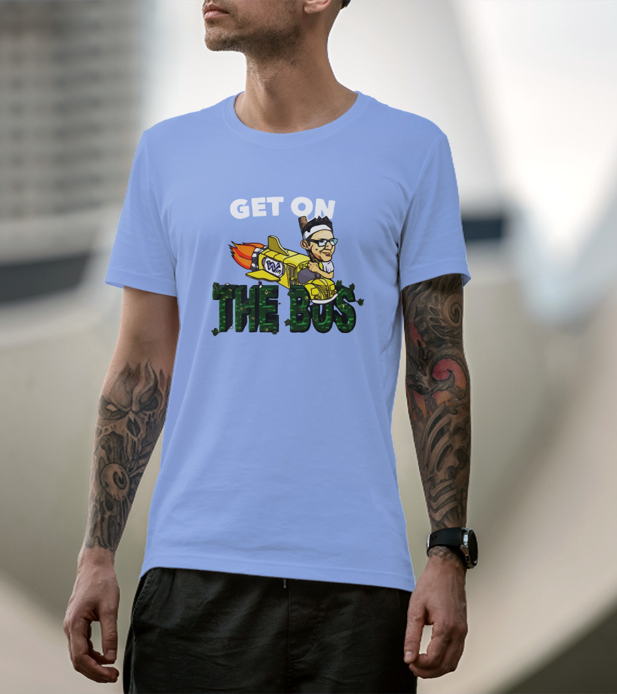 GET ON THE BUS Rocket Cartoon Character With Headband And Glasses T-Shirt
