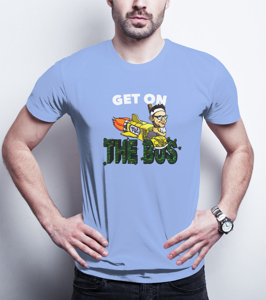GET ON THE BUS Rocket Cartoon Character With Headband And Glasses T-Shirt