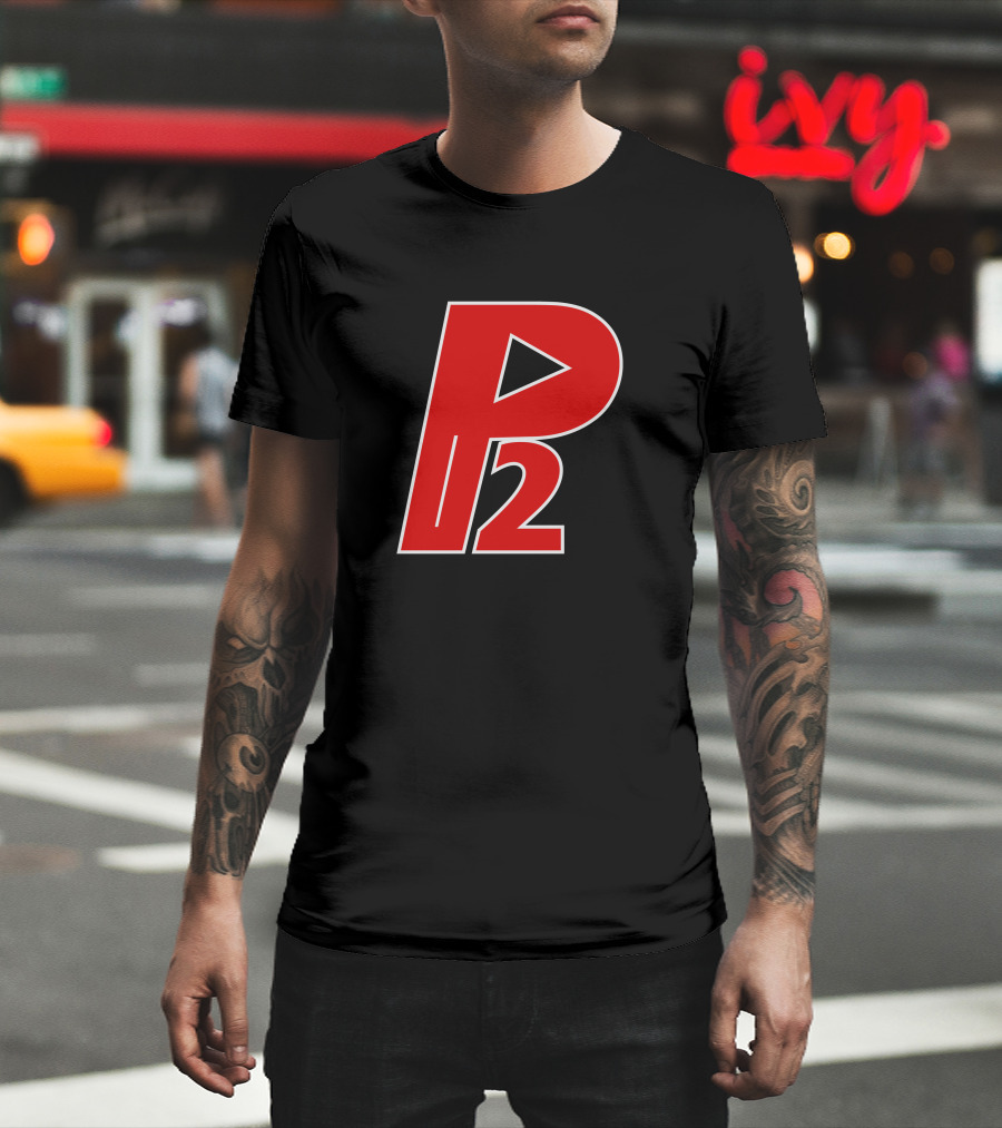 P2isthename Merch Bold Red P2 Logo With Play T-Shirt