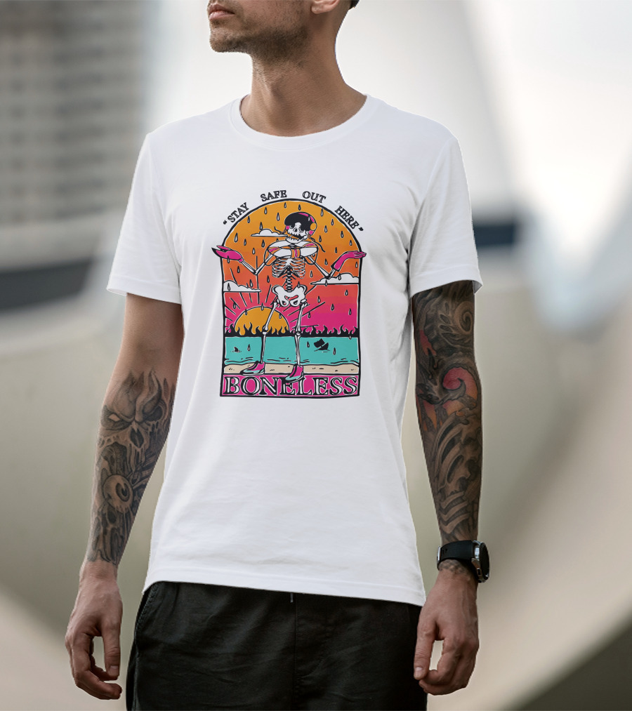 Stay Safe Out Here Boneless Sunset Skeleton Surfer T-Shirt