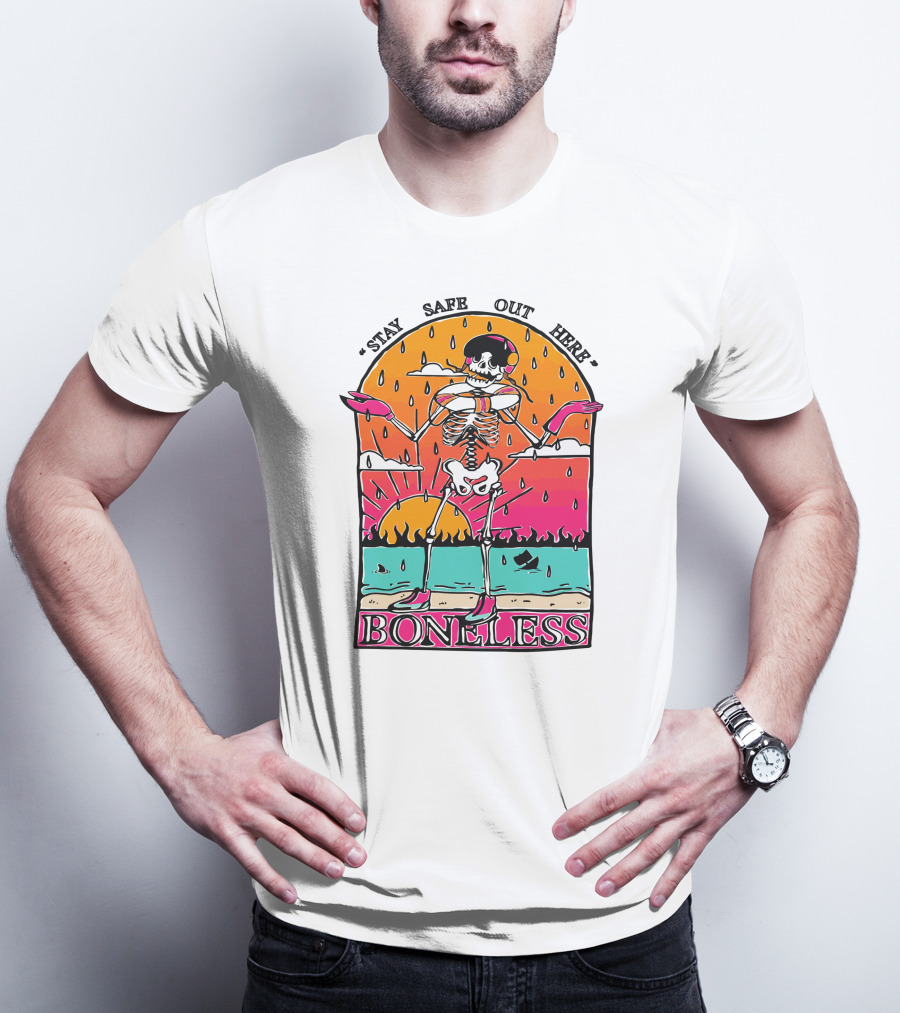 Stay Safe Out Here Boneless Sunset Skeleton Surfer T-Shirt