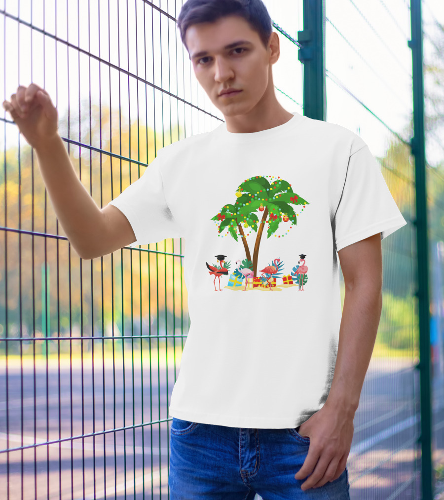 Tropical Christmas Flamingos Under Palm Tree With Gifts T-Shirt