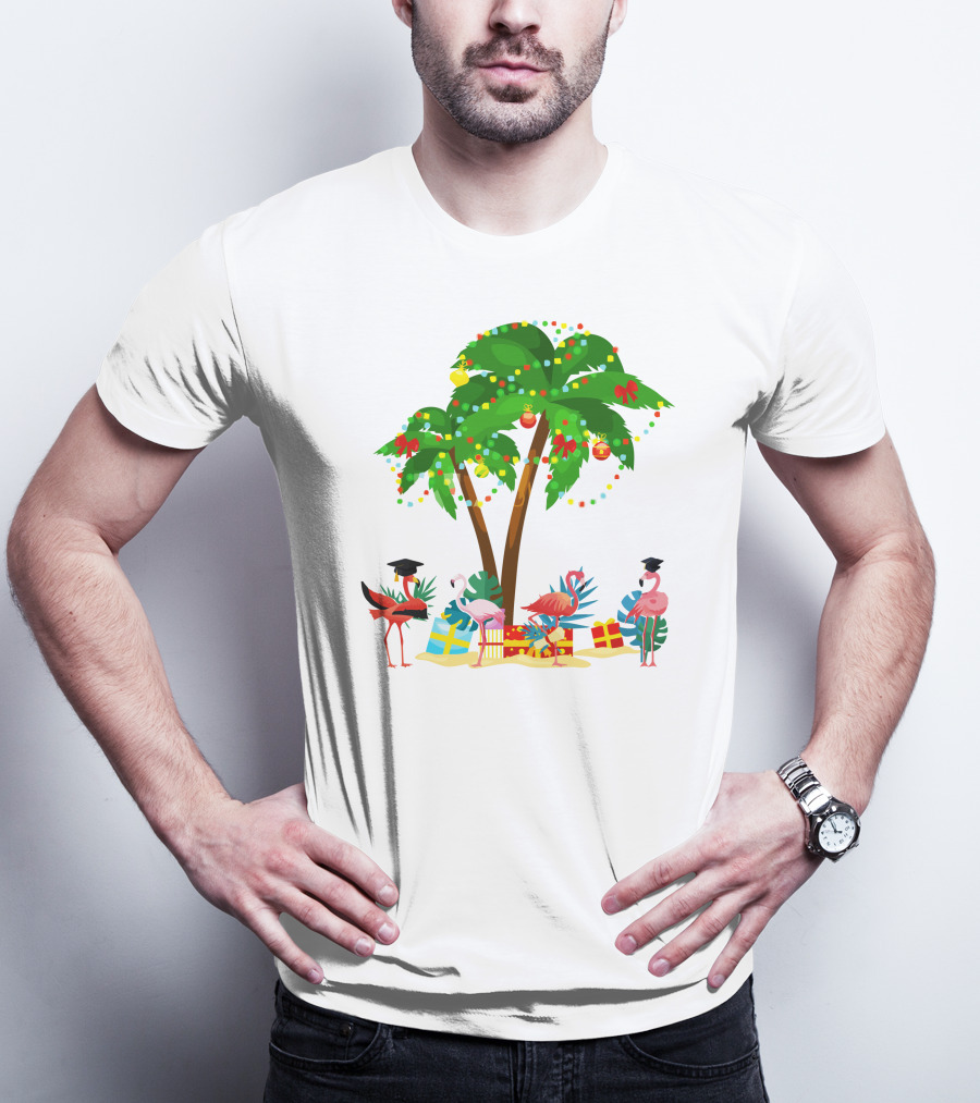 Tropical Christmas Flamingos Under Palm Tree With Gifts T-Shirt