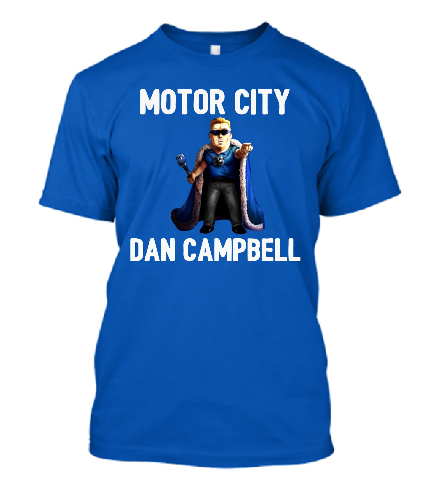 Motor City Dan Campbell Iconic Blue Cape And Scepter Character Representation T-Shirt