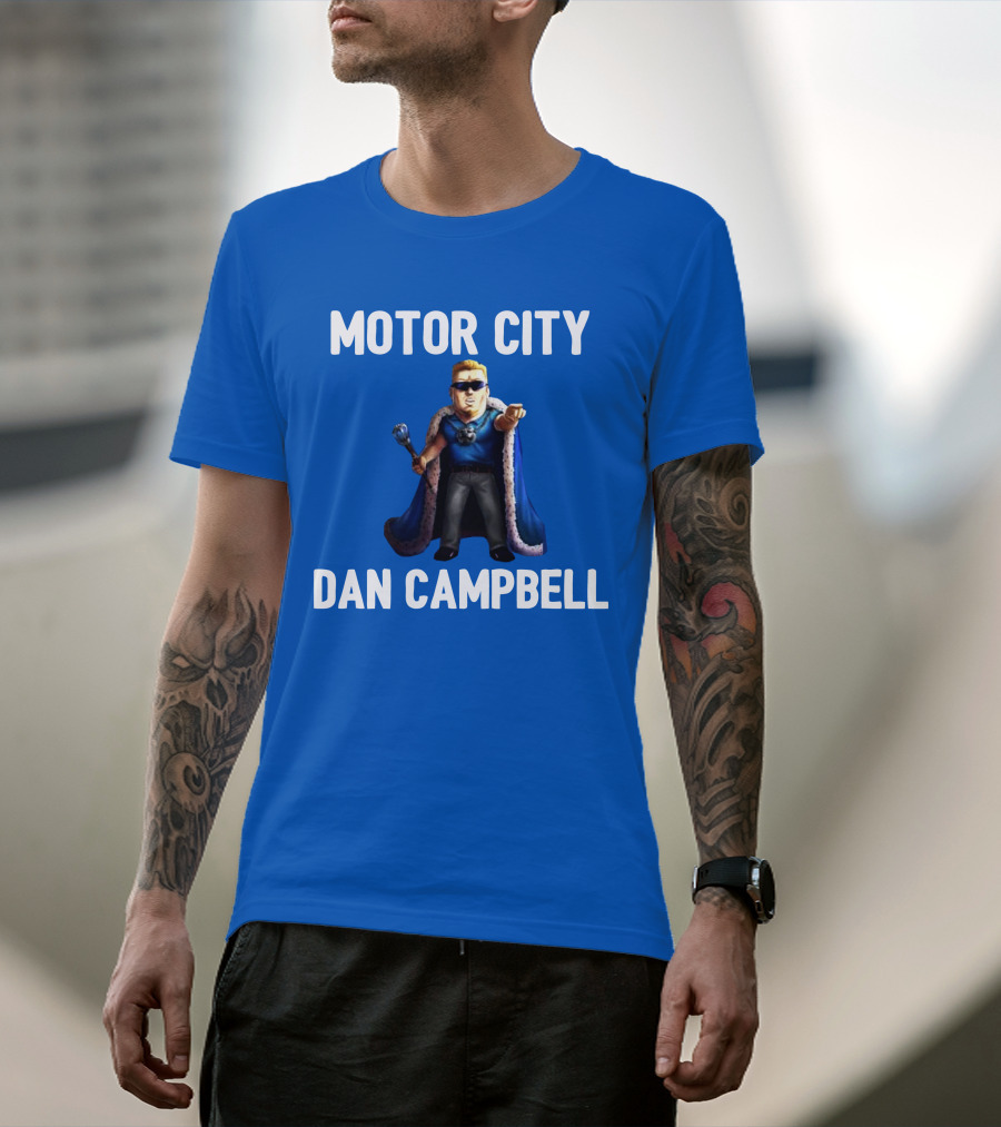 Motor City Dan Campbell Iconic Blue Cape And Scepter Character Representation T-Shirt