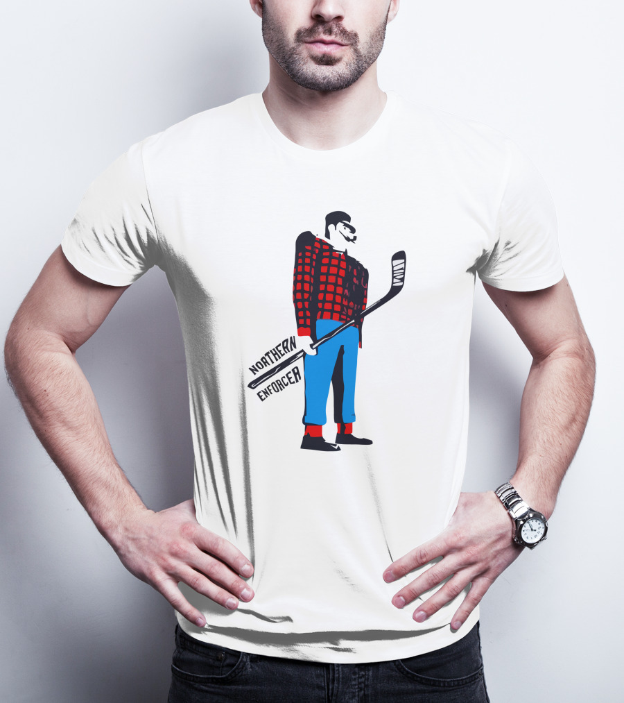 Northern Enforcer Hockey Plaid Lumberjack Player With Stick T-Shirt