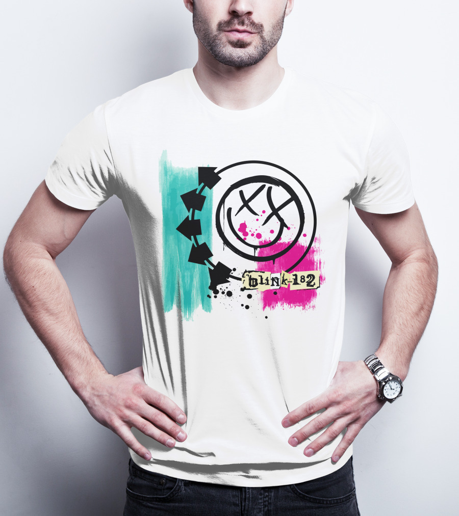 Blink 182 I Miss You Smiley Logo With Pink And Teal Paint Splatter T-Shirt