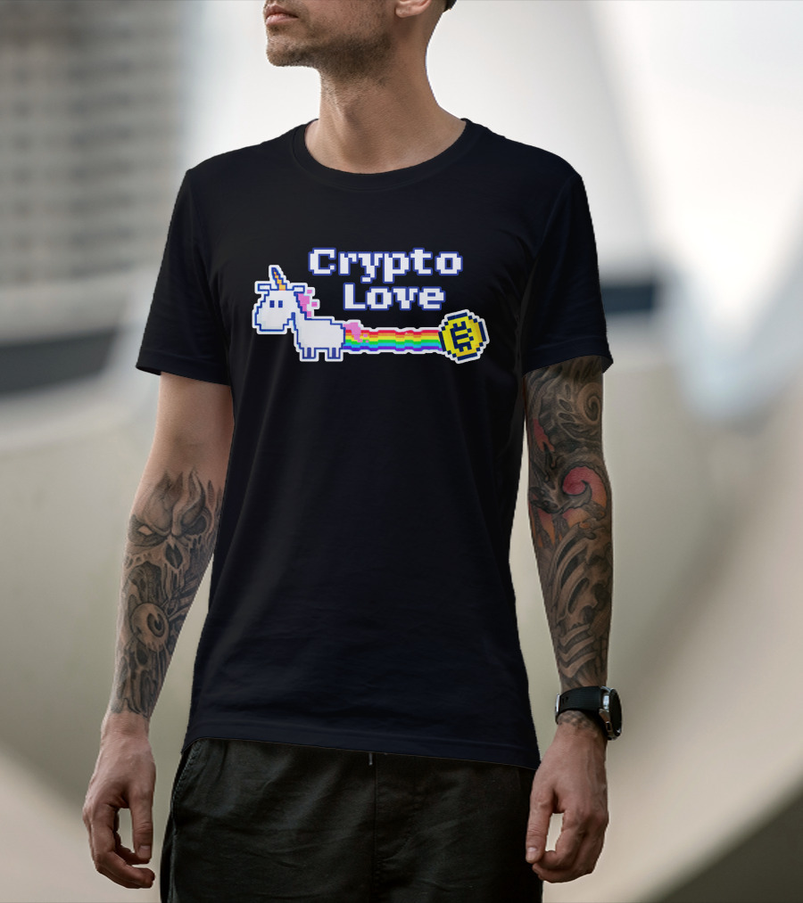 Crypto Love Unicorn Pixel Art Rainbow Coin T-Shirt