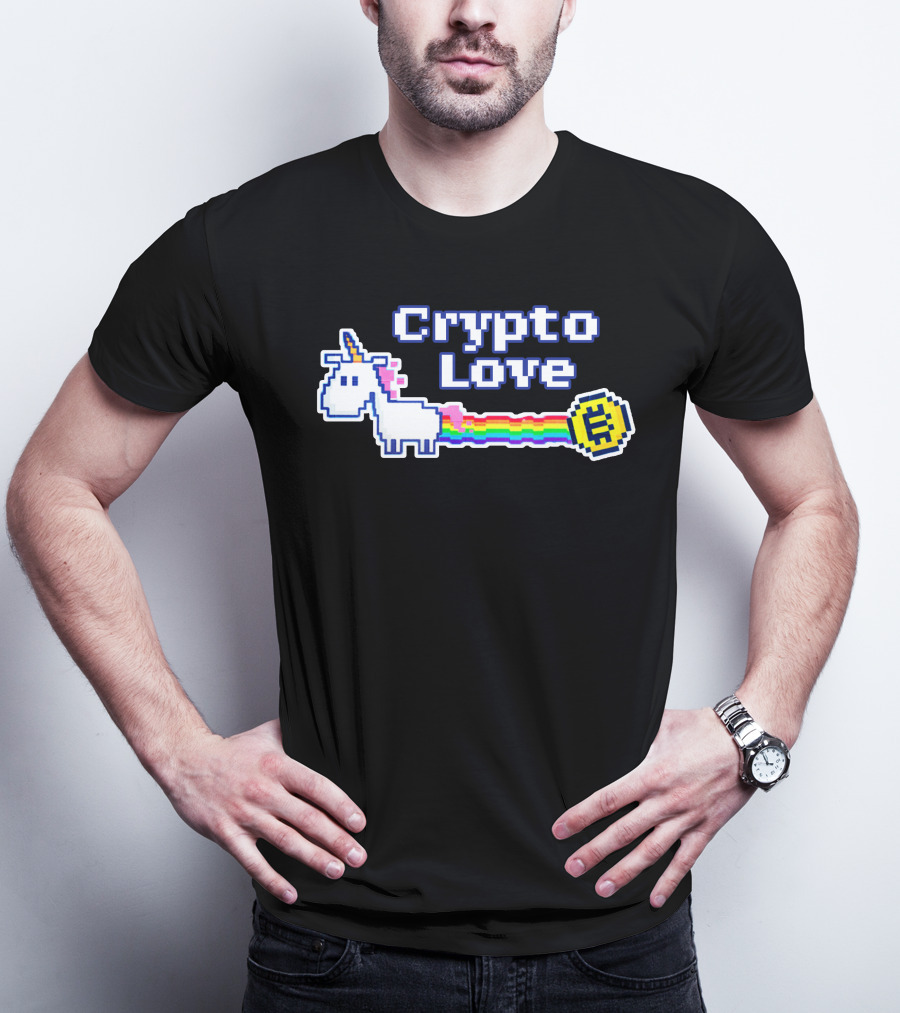 Crypto Love Unicorn Pixel Art Rainbow Coin T-Shirt
