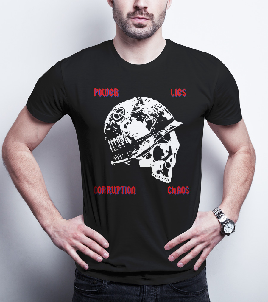 Power Lies Corruption Chaos Skull With Helmet And Peace T-Shirt