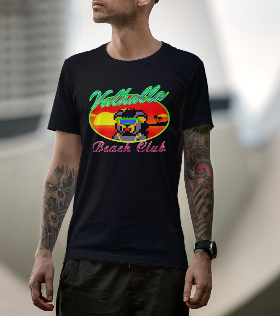 Valhalla Beach Club 80s Retro Pixel Sunset And Palm Trees T-Shirt