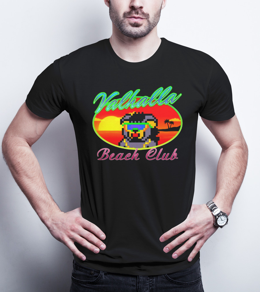 Valhalla Beach Club 80s Retro Pixel Sunset And Palm Trees T-Shirt
