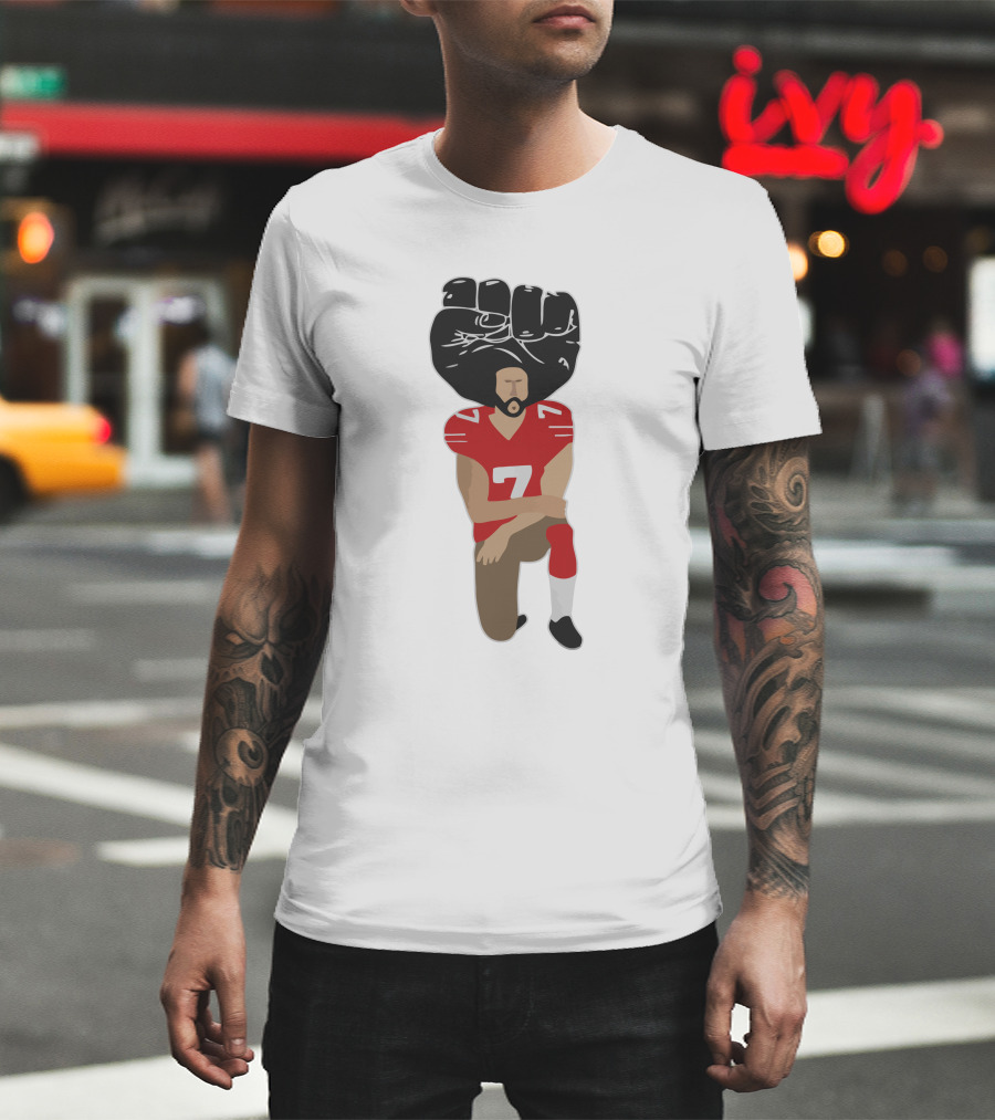 Colin Kaepernick Kneeling With Raised Fist And Red Football Jersey Number 7 T-Shirt