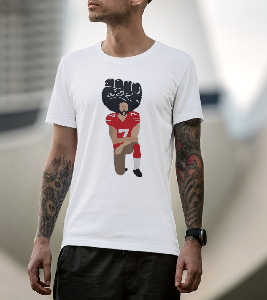 Colin Kaepernick Kneeling With Raised Fist And Red Football Jersey Number 7 T-Shirt