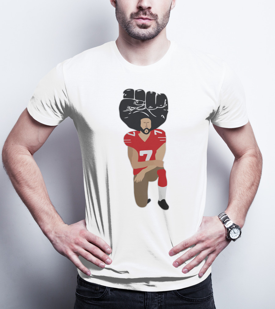 Colin Kaepernick Kneeling With Raised Fist And Red Football Jersey Number 7 T-Shirt