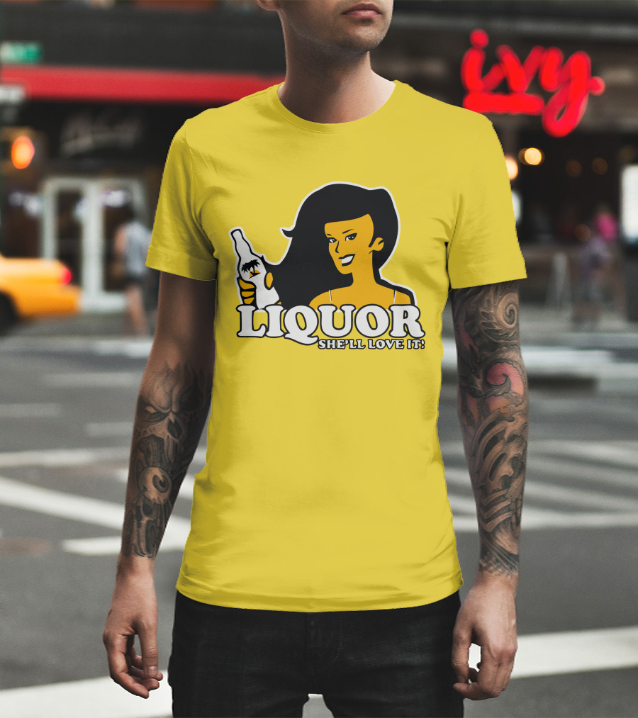 Liquor She'll Love It Retro Pin-Up Style Woman Holding Bottle T-Shirt