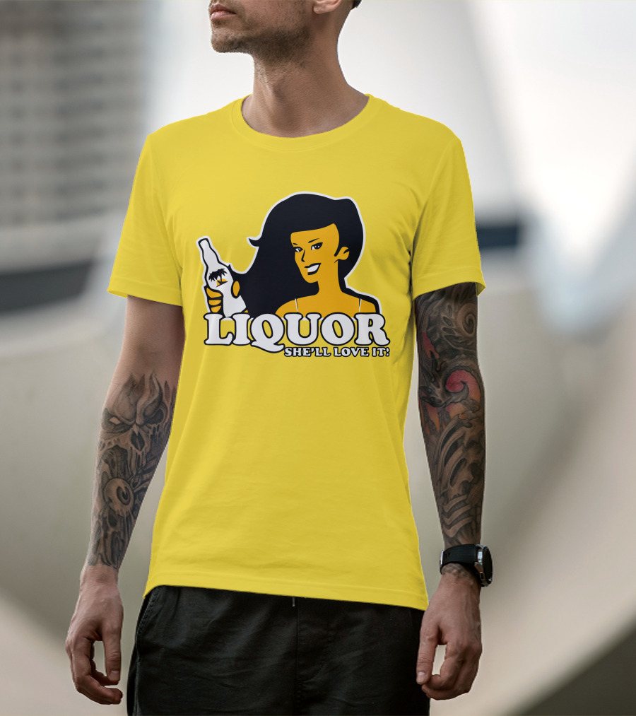 Liquor She'll Love It Retro Pin-Up Style Woman Holding Bottle T-Shirt