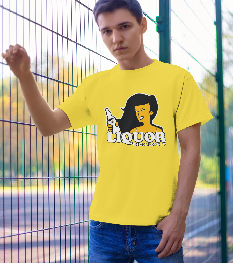 Liquor She'll Love It Retro Pin-Up Style Woman Holding Bottle T-Shirt
