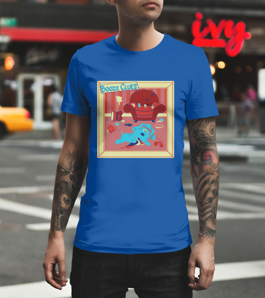 Booze Clues Blue Dog Party Mess With Cans And Couch T-Shirt