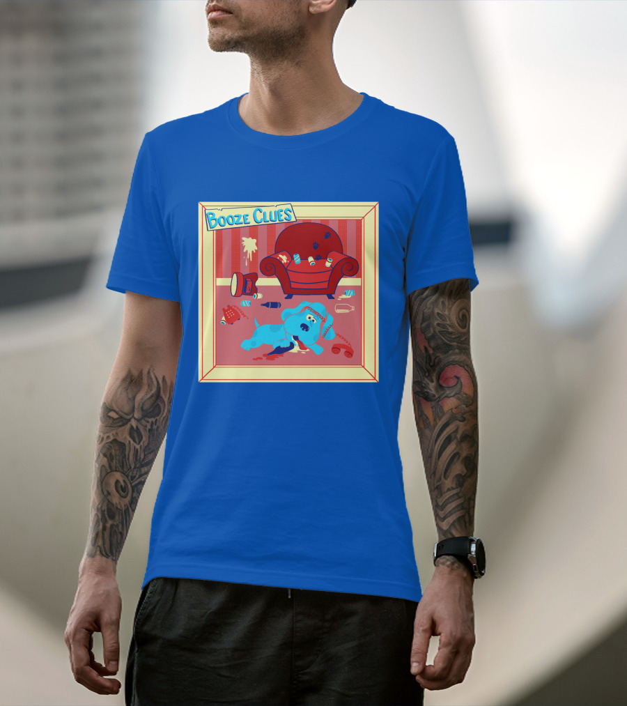 Booze Clues Blue Dog Party Mess With Cans And Couch T-Shirt