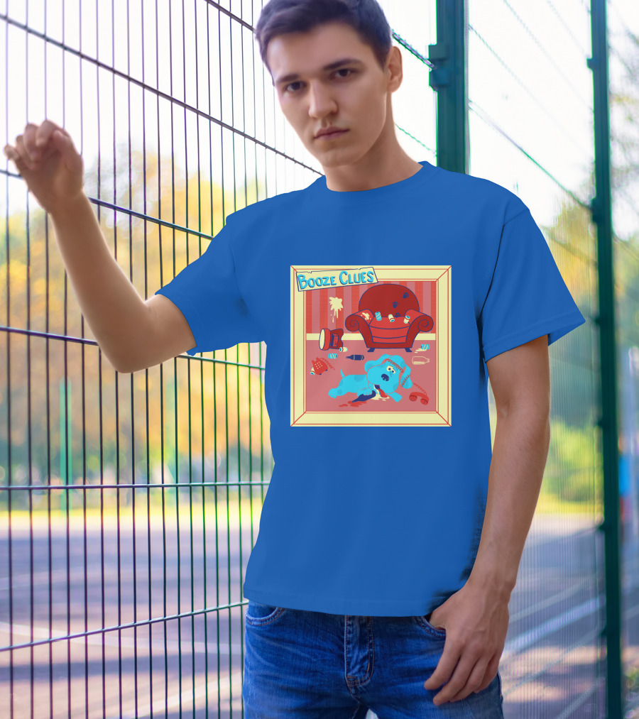 Booze Clues Blue Dog Party Mess With Cans And Couch T-Shirt