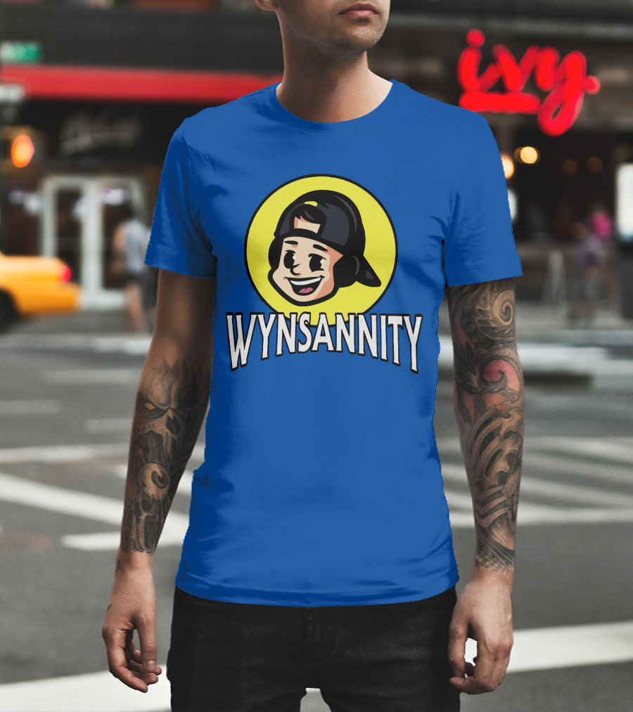 Wynnsanity Cartoon Character With Headphones And Backwards Cap Icon In Yellow Circle T-Shirt