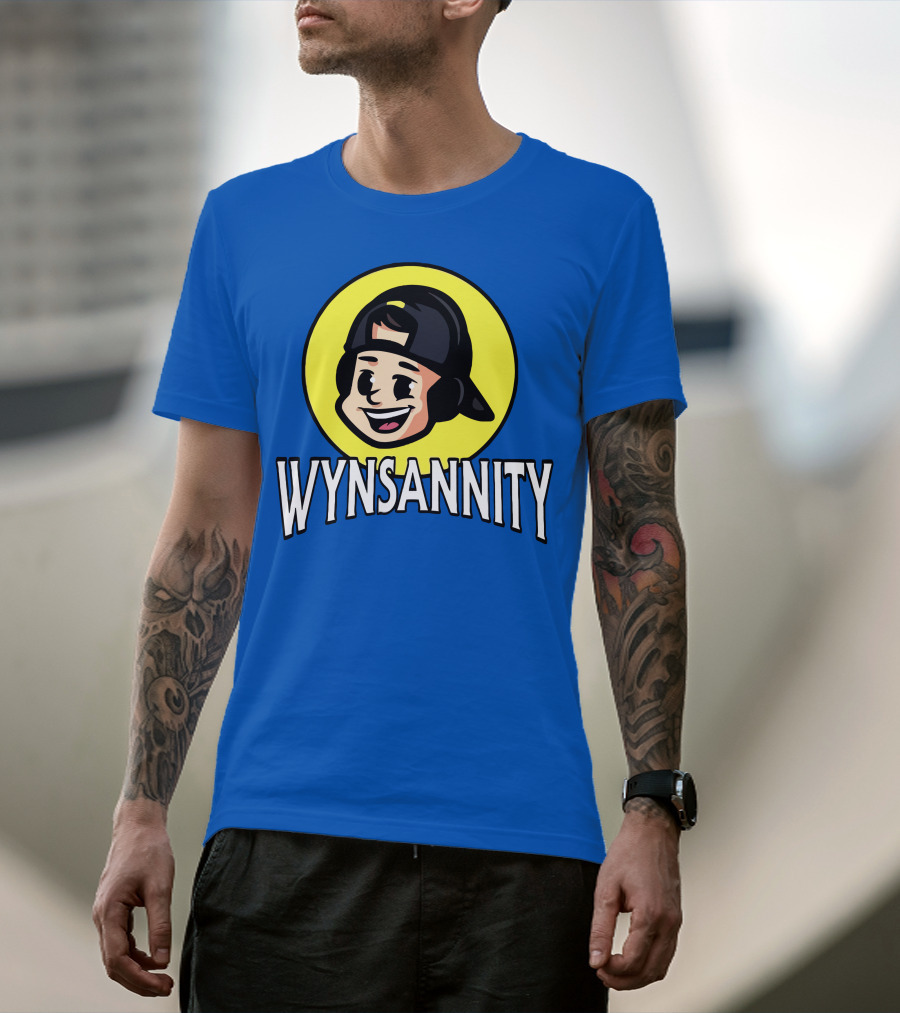 Wynnsanity Cartoon Character With Headphones And Backwards Cap Icon In Yellow Circle T-Shirt