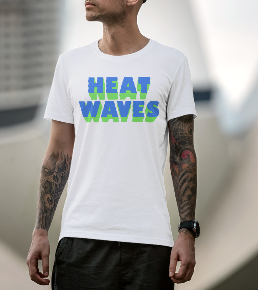HEAT WAVES Bold 3D Text Design In Blue And Green T-Shirt