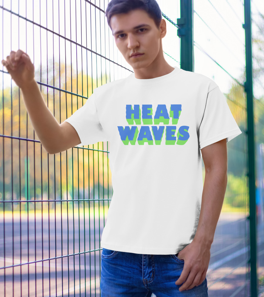 HEAT WAVES Bold 3D Text Design In Blue And Green T-Shirt