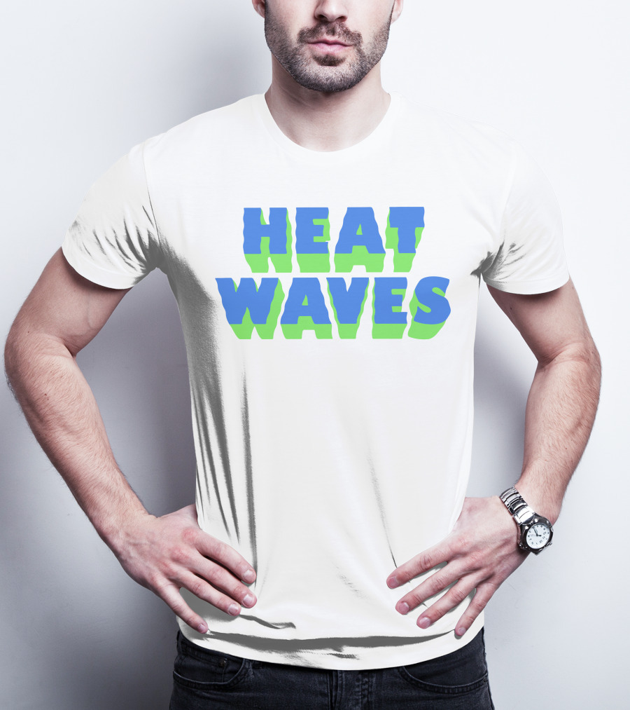 HEAT WAVES Bold 3D Text Design In Blue And Green T-Shirt