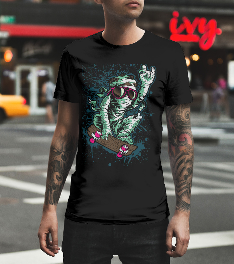 Return Mummy Skateboarding With Sunglasses Rock Hand Gesture T-Shirt