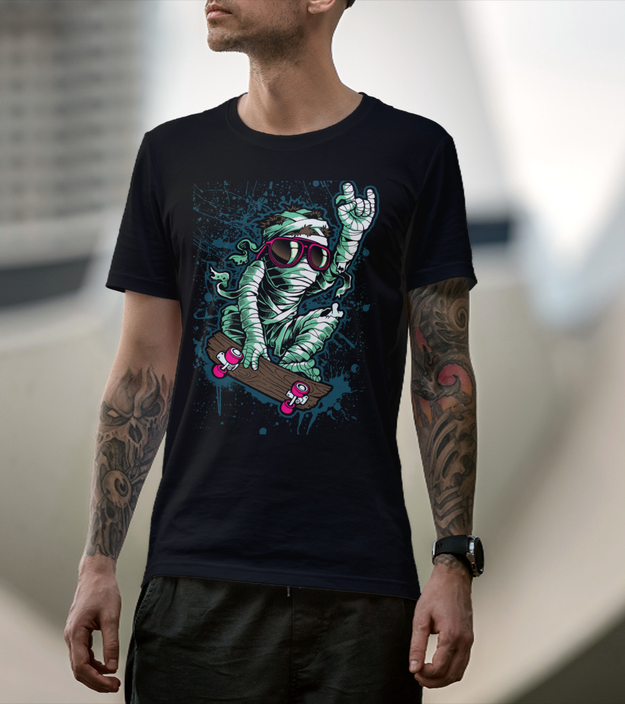Return Mummy Skateboarding With Sunglasses Rock Hand Gesture T-Shirt