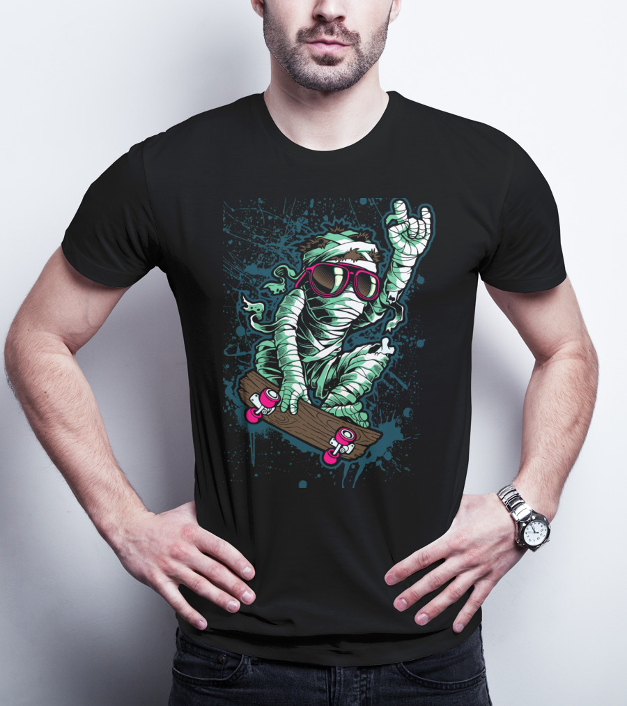 Return Mummy Skateboarding With Sunglasses Rock Hand Gesture T-Shirt