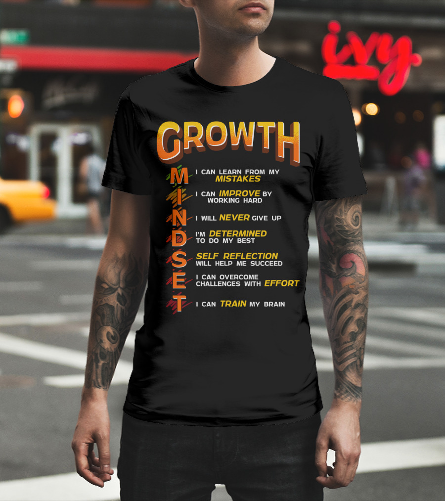 Growth Mindset Teacher Classroom Brain Motivation Mistakes Improve Never Determined Self Reflection Effort Train T-Shirt