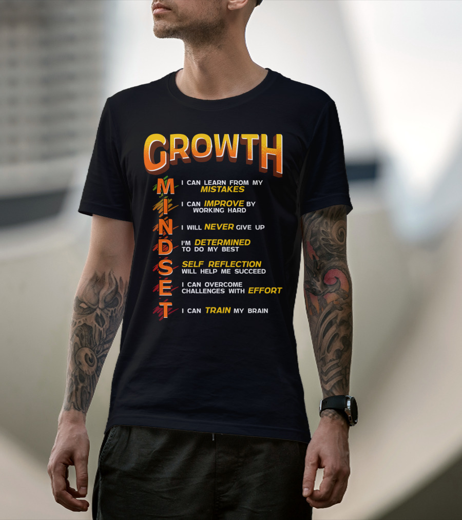 Growth Mindset Teacher Classroom Brain Motivation Mistakes Improve Never Determined Self Reflection Effort Train T-Shirt