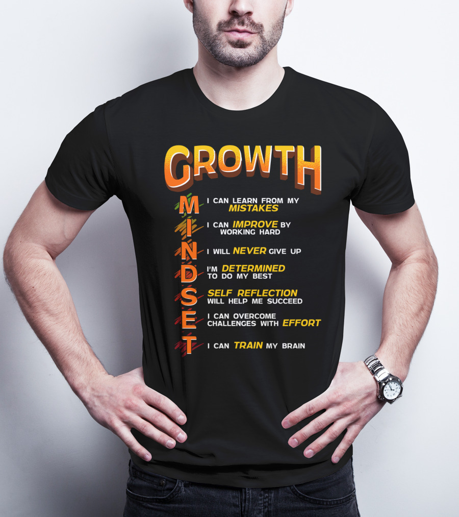 Growth Mindset Teacher Classroom Brain Motivation Mistakes Improve Never Determined Self Reflection Effort Train T-Shirt